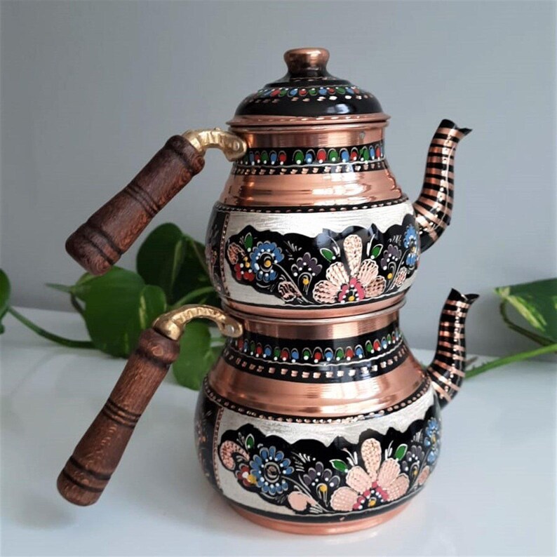 Handmade Copper Turkish Teapot Set, Double Teapot 2.5L, Floral Engraved ...