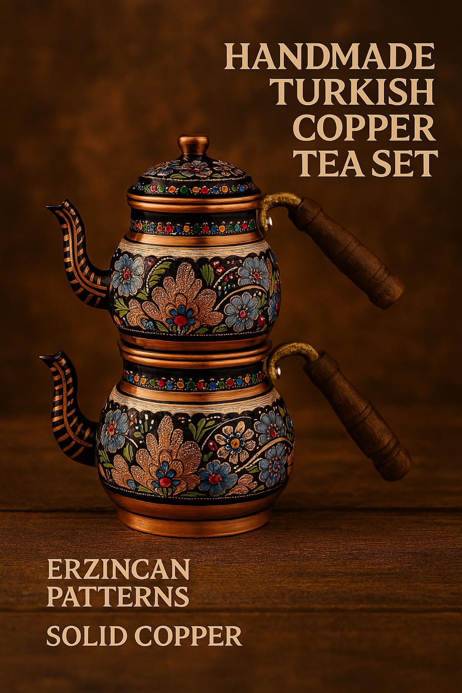Handmade Copper Turkish Teapot Set, Double Teapot 2.5L, Floral Engraved ...