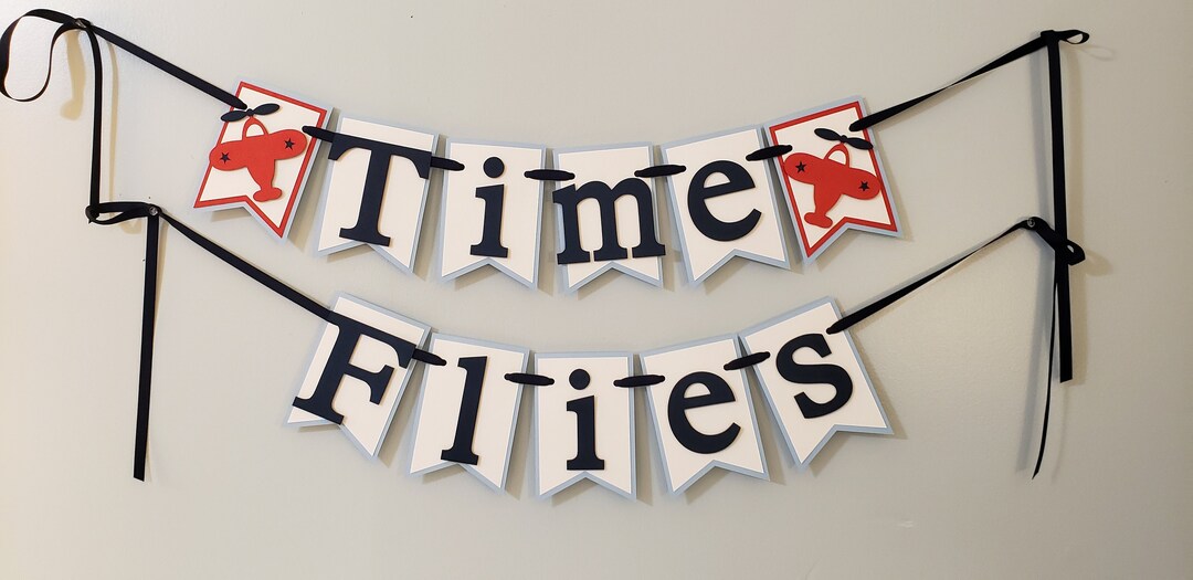 Time Flies Airplane Pennant Birthday Banner, Red and Navy Blue Airplane ...