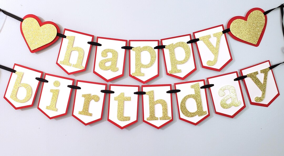 Red Heart Pennant Banner, Red and Gold Heart Banner, Valentine Birthday ...
