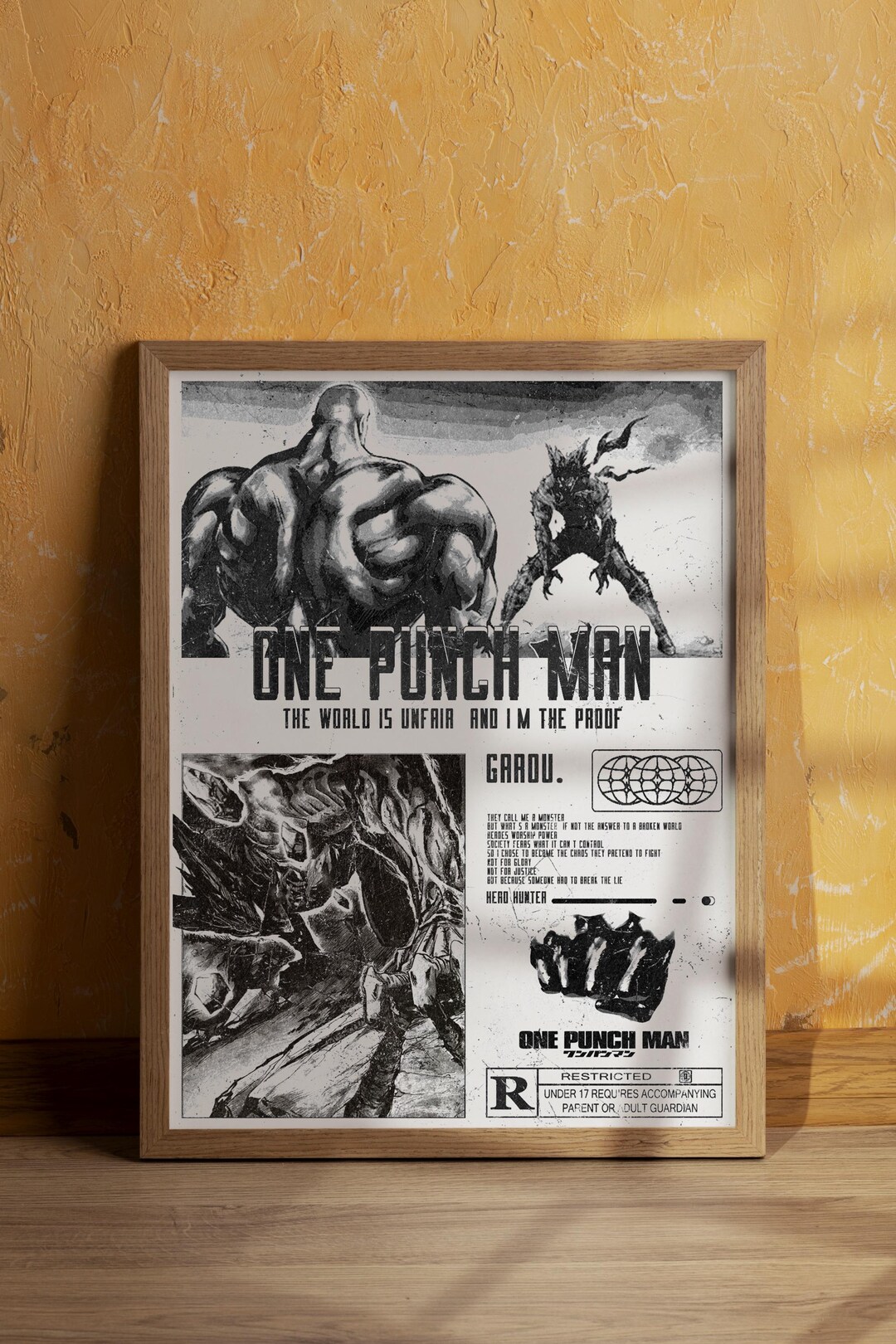 Poster Garou – One Punch Man | Brutalist Vintage Black & White Print ...