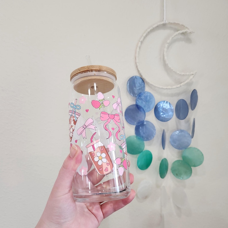 Pink Coffee Cup & Bows Glass Tumbler With Bamboo Lid, 20 Oz ...