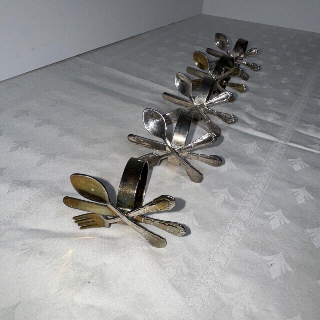 5 Vintage AUDREY Silver Plated Napkin Rings Mini Fork Knife Spoon - Etsy