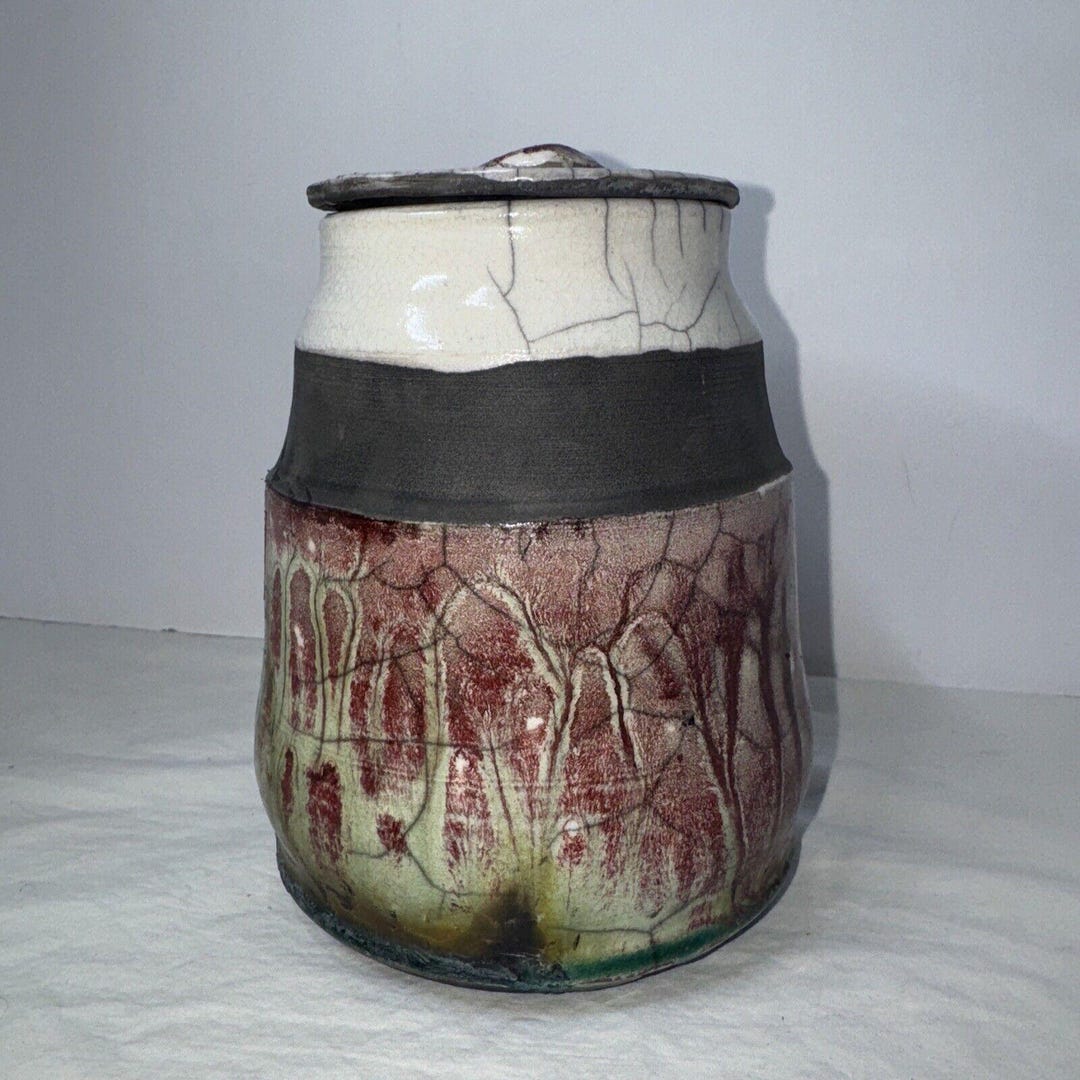 7.5" Vintage Roku Lidded Vessel Black Clay Pottery Crazing Tricolor - Etsy