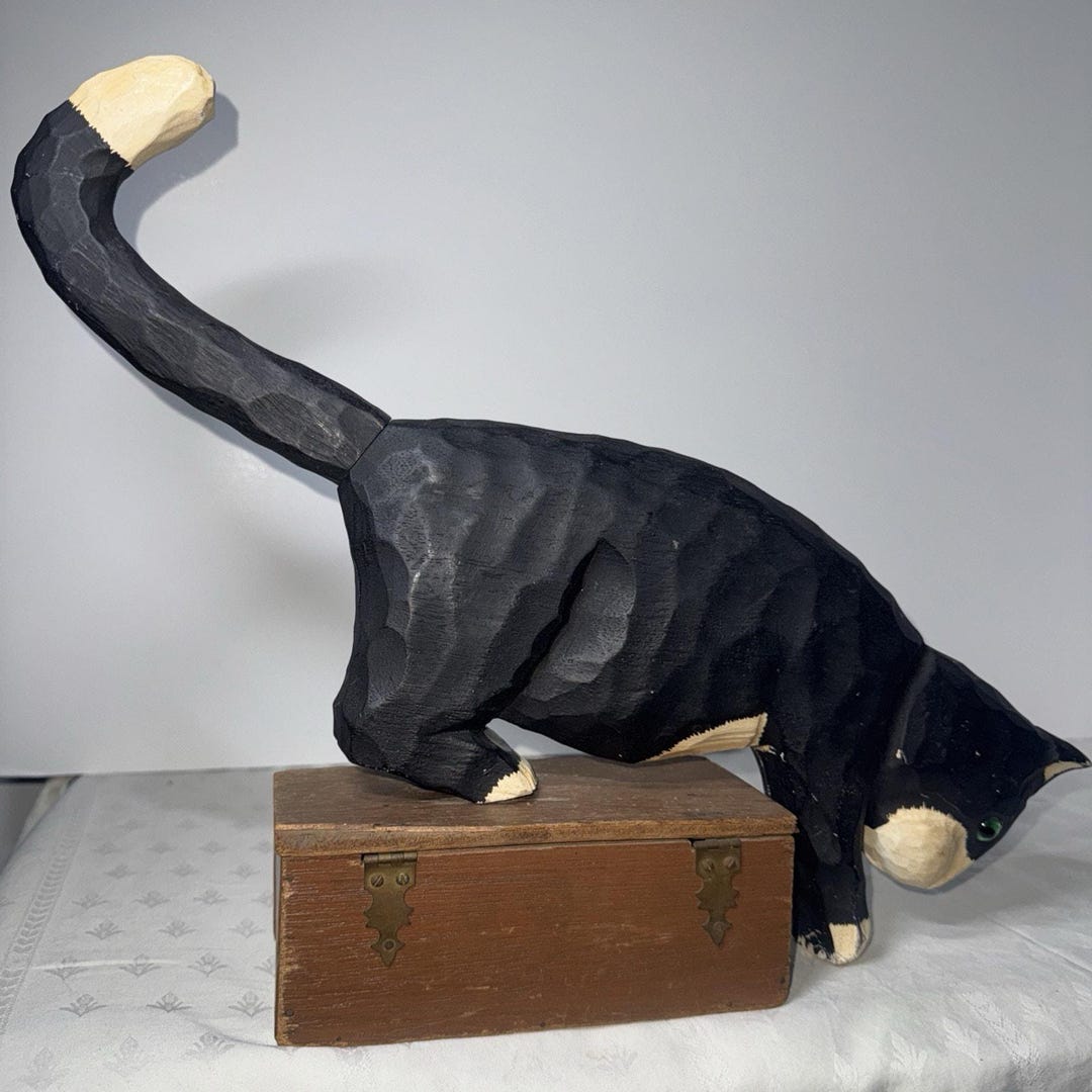 Folk Art James Haddon Wood Carving Shelf Sitter Hanging Tuxedo Cat ...