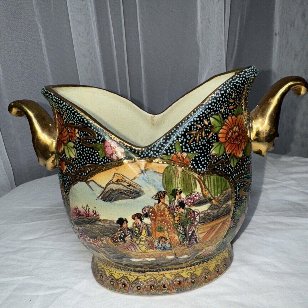 Vintage SATSUMA Textured Vessel Double Handled Gold Gilt Raised 6” EWER ...
