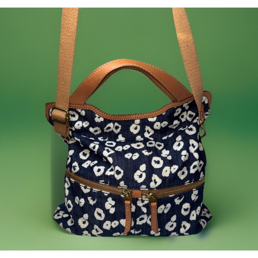 FOSSIL Purse Hobo Leather Cheetah Denim Crossbody Fold Over Shoulder ...