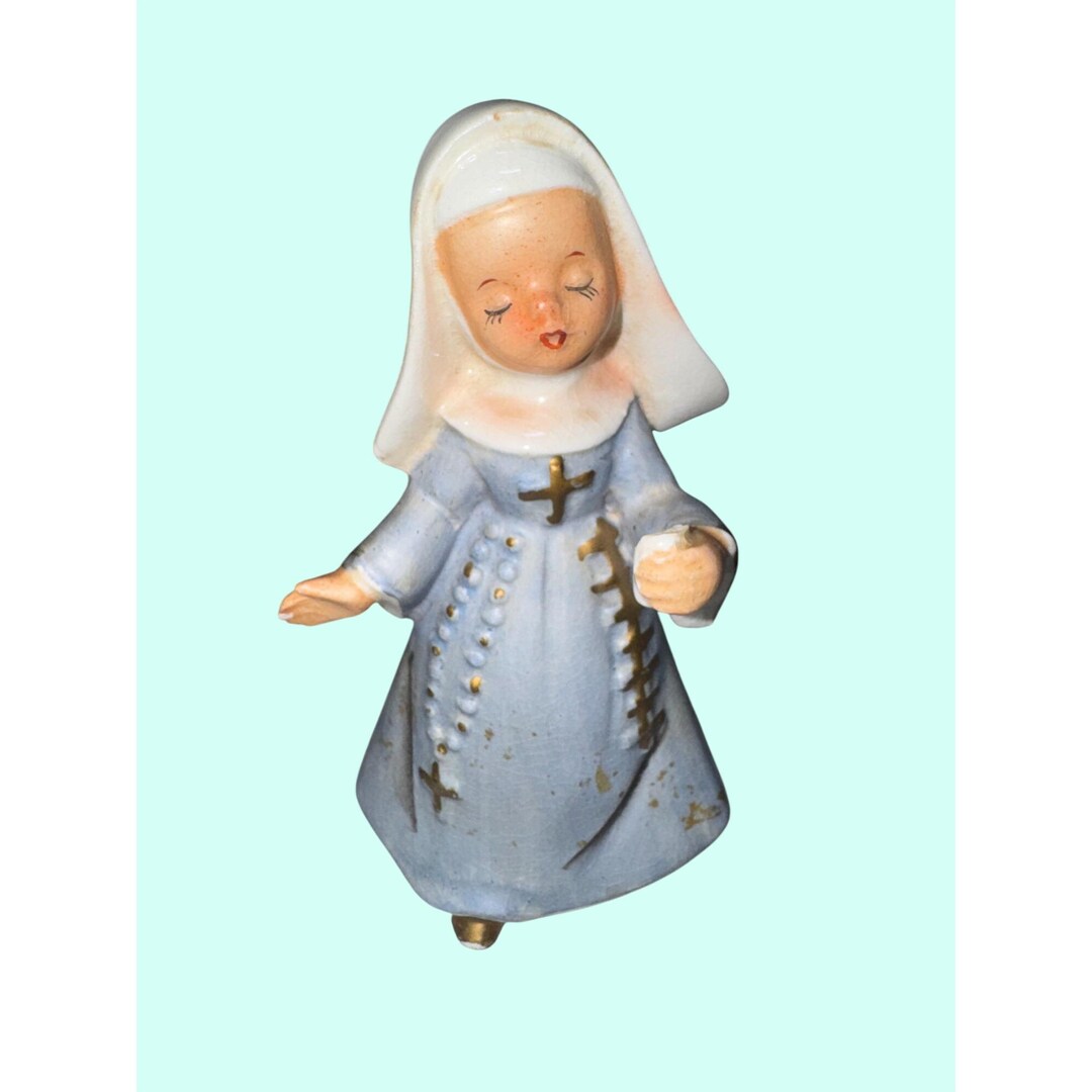 Vintage Ceramic Nun Figurine Blue Habit Cross 3" Religious Decor - Etsy