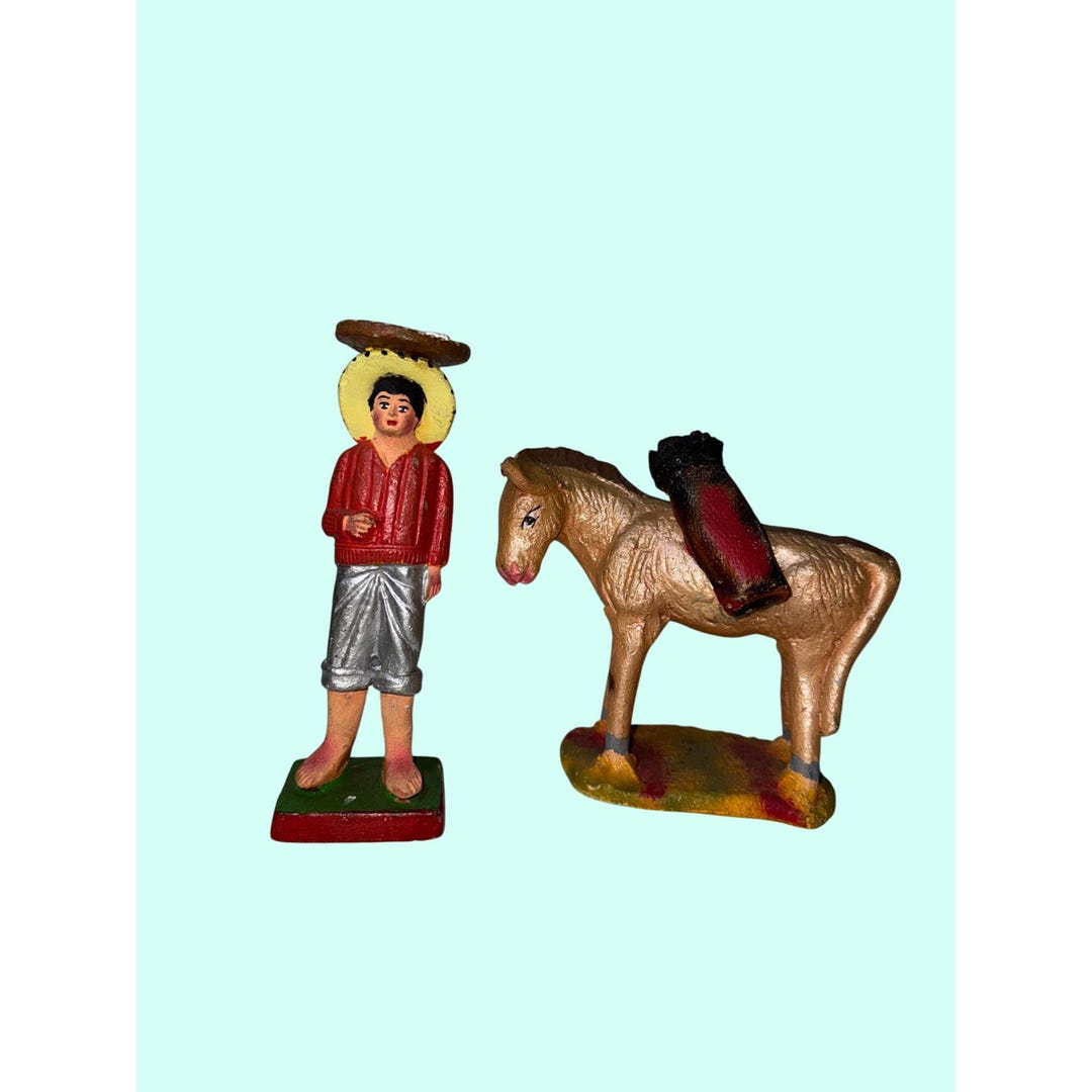 Hand-painted Clay Figurines Farmer & Donkey Traditional Mexican Folk ...