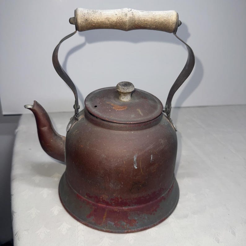 Antique Copper Teapot Primitive Rustic TEA KETTLE Wood Handle Rich ...
