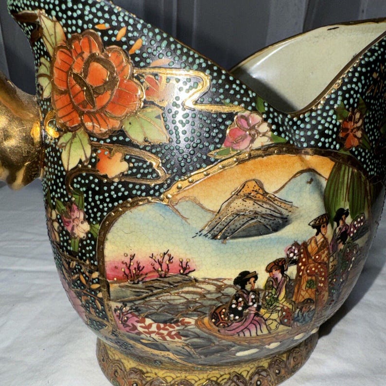 Vintage SATSUMA Textured Vessel Double Handled Gold Gilt Raised 6” EWER ...