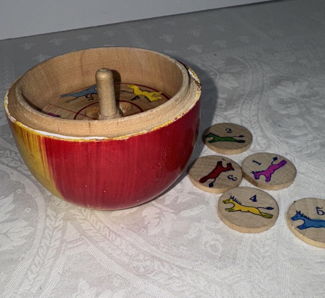 Vtg Rare Wood Apple Game Toy Roulette Horse Racing Steeplechase Japan ...