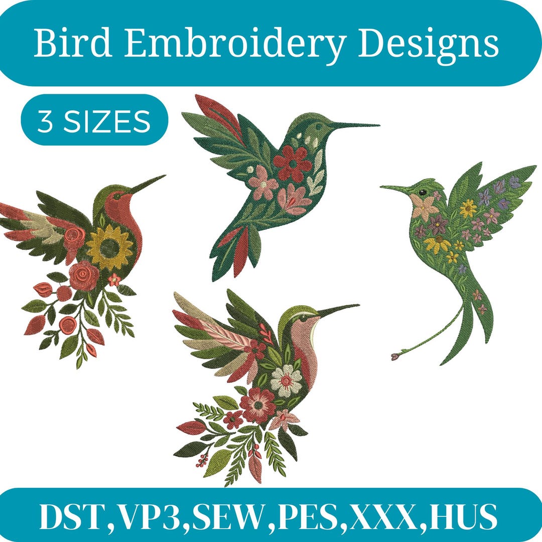 Floral Bird Embroidery Designs, Hummingbirds Embroidery, Exotic Bird ...