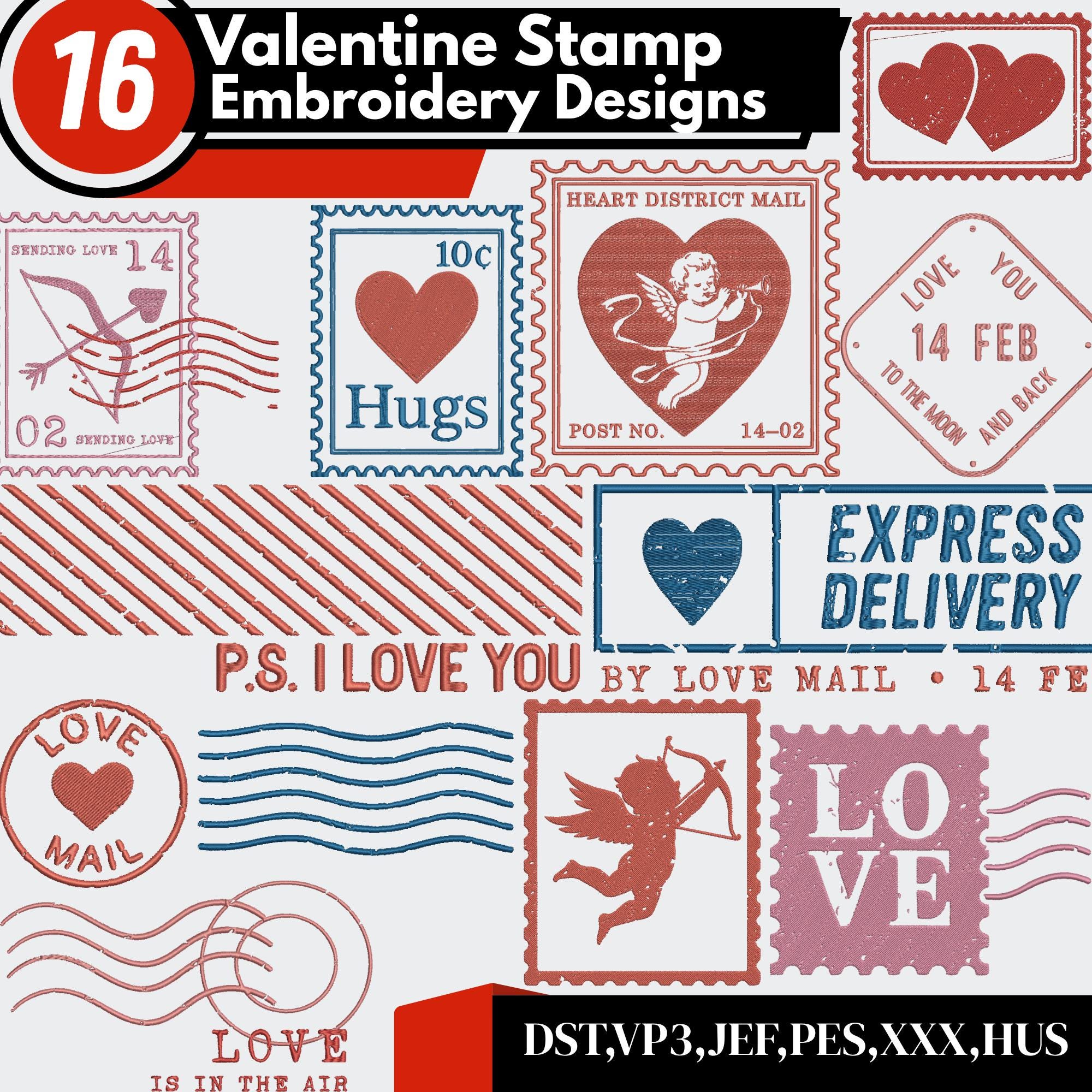 Valentine Stamp Embroidery Design Bundle, 16 Vintage Love Stamp Machine ...