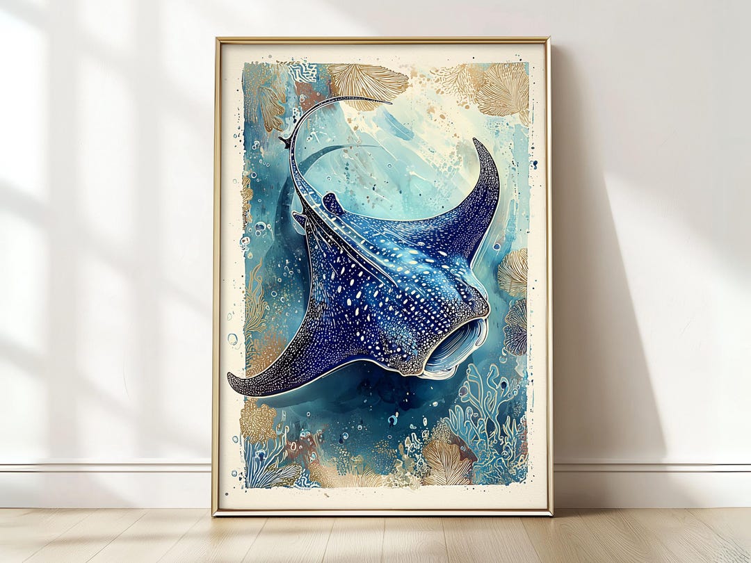 Manta Ray Ocean Wall Art, Japanese Block Print Style Sea Animal Decor ...
