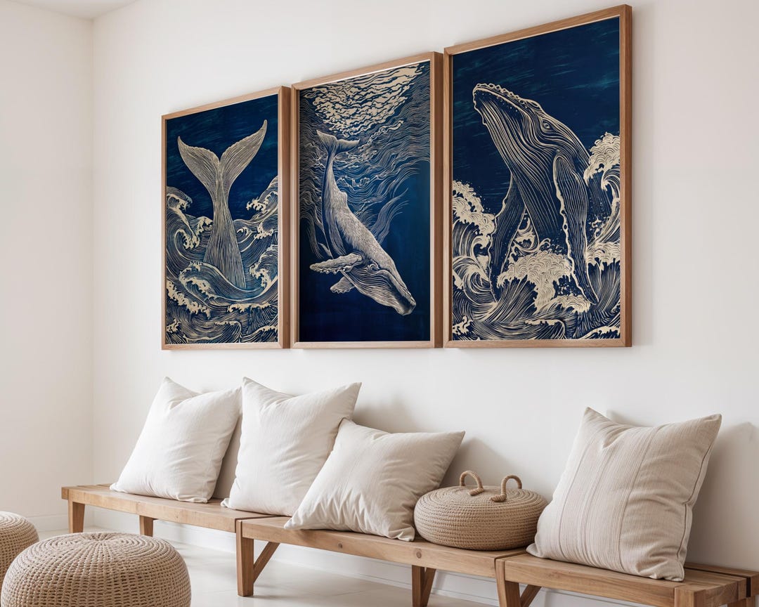 Whale Ocean Linocut Print Set of 3, Minimalist Coastal Wall Art ...