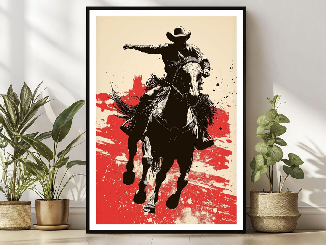 Cowboy Rodeo Wall Art - Bold Western Pop Art Print - Red Graphic Cowboy ...