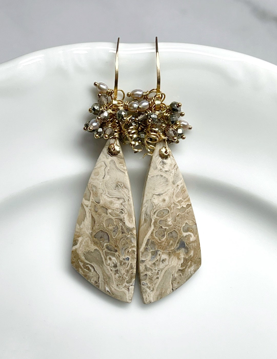 Fossilized Palm Root Earrings, Gold Filled Smokey Quartz and Pearl ...