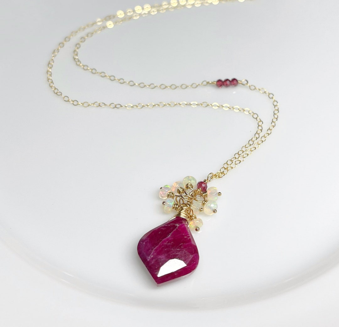 Ruby and Ethiopian Opal Necklace // Gold Filled // Ruby Zoisite ...