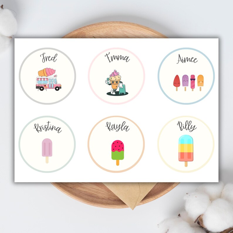 Editable Circle Ice Cream Name Tags | Canva Template | Cute Party ...