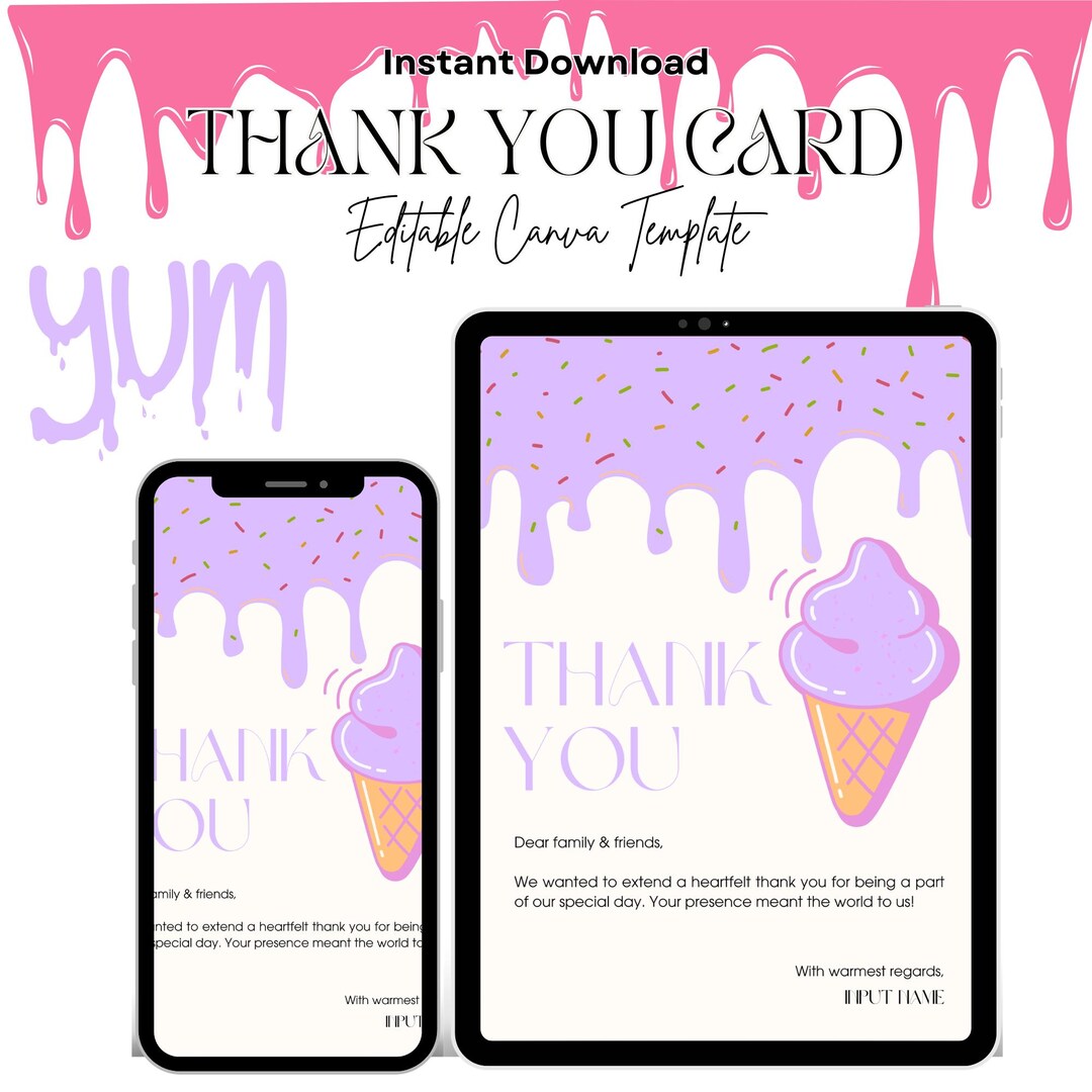 Ice Cream Thank You Card Printable | Sweet Summer Party Editable ...