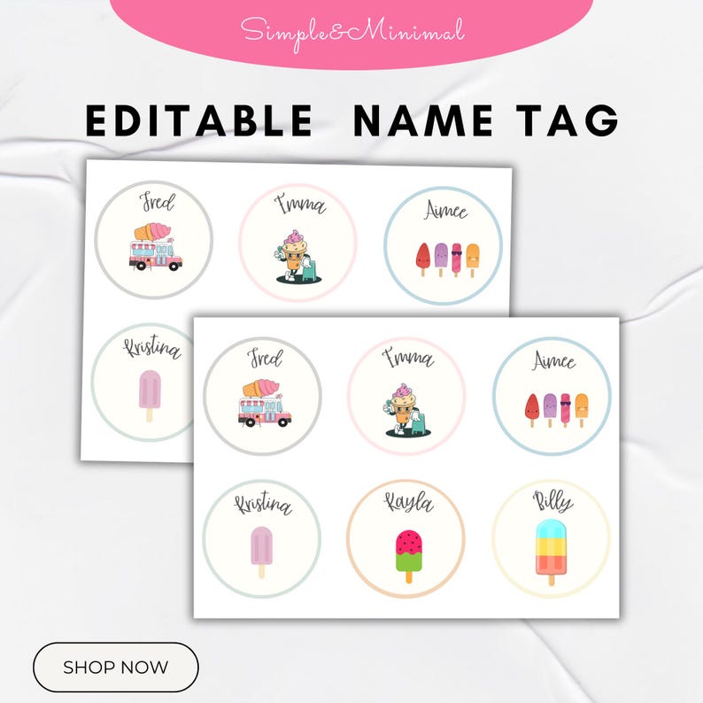 Editable Circle Ice Cream Name Tags | Canva Template | Cute Party ...