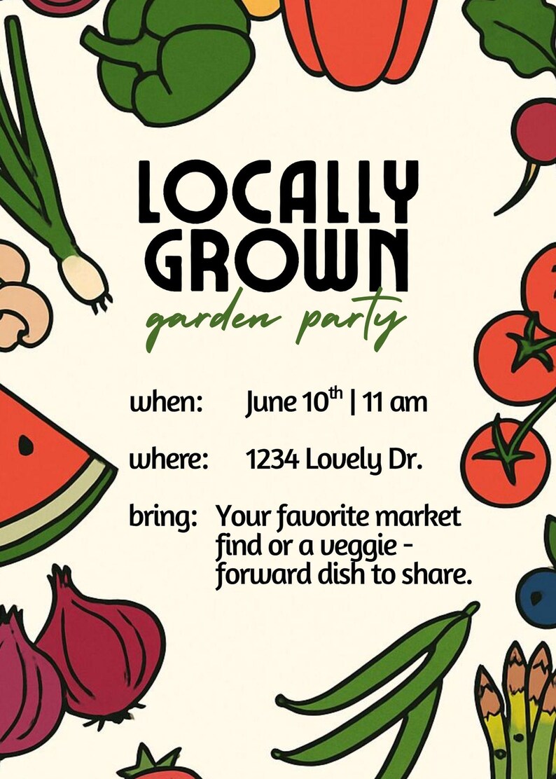 Garden Party Invitation • Veggie Potluck Canva Template (digital ...