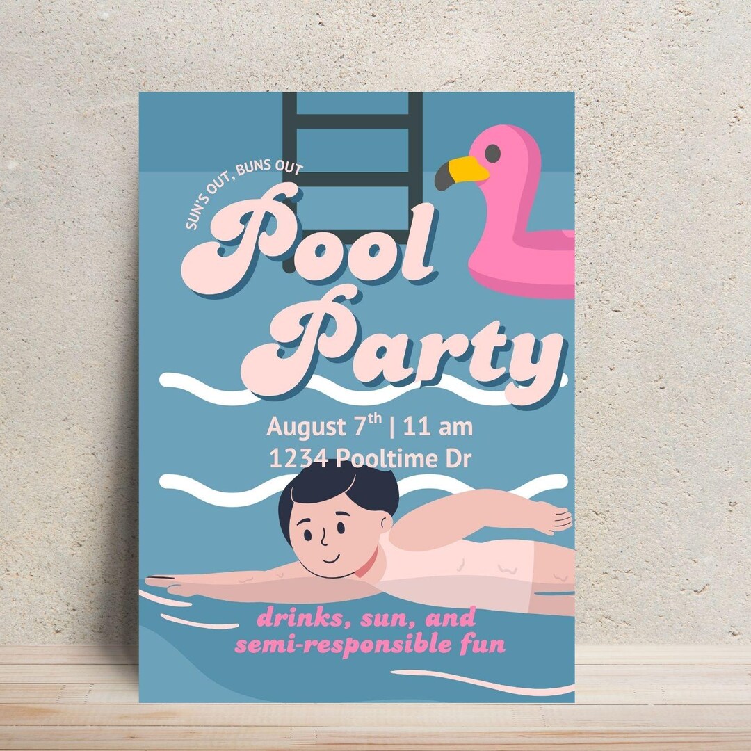 Retro Pool Party Invitation | Pink & Blue, Editable Canva Template ...