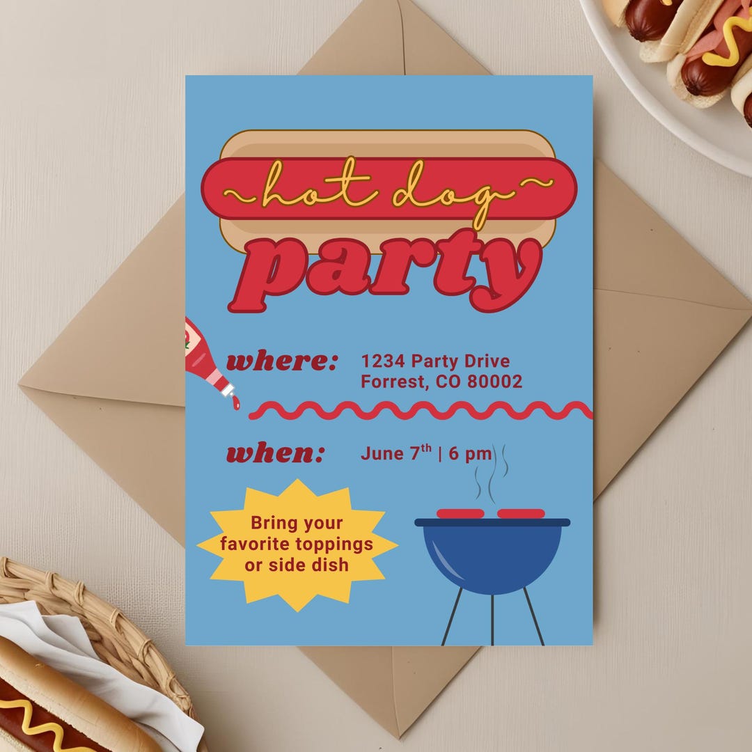 Hot Dog Party Invitation • Funny Cookout, BBQ, Canva Template (digital ...