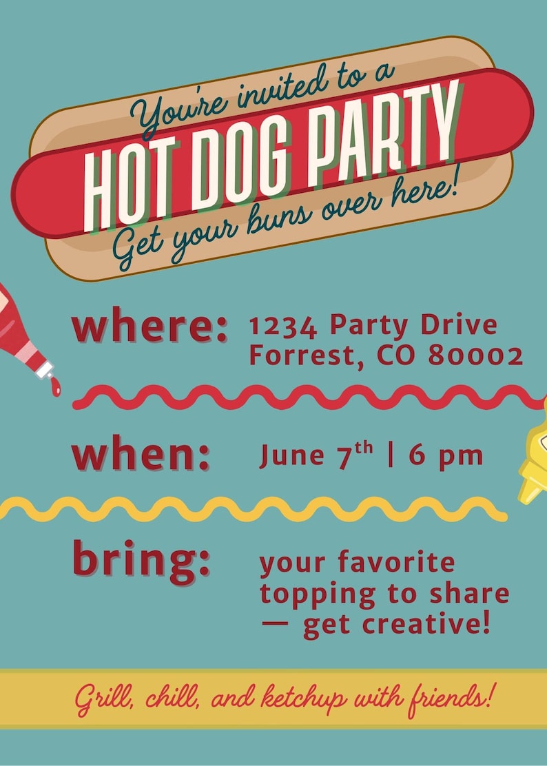 Hot Dog Party Invitation • BBQ Grill Night Canva Template (digital ...