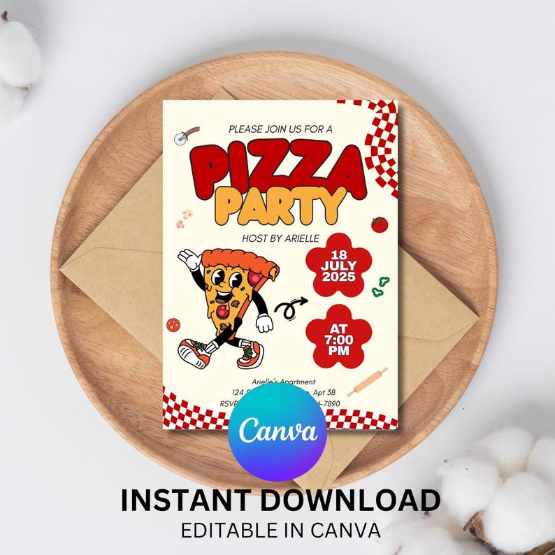 Editable Pizza Party Invitation Template | Canva Design (digital ...