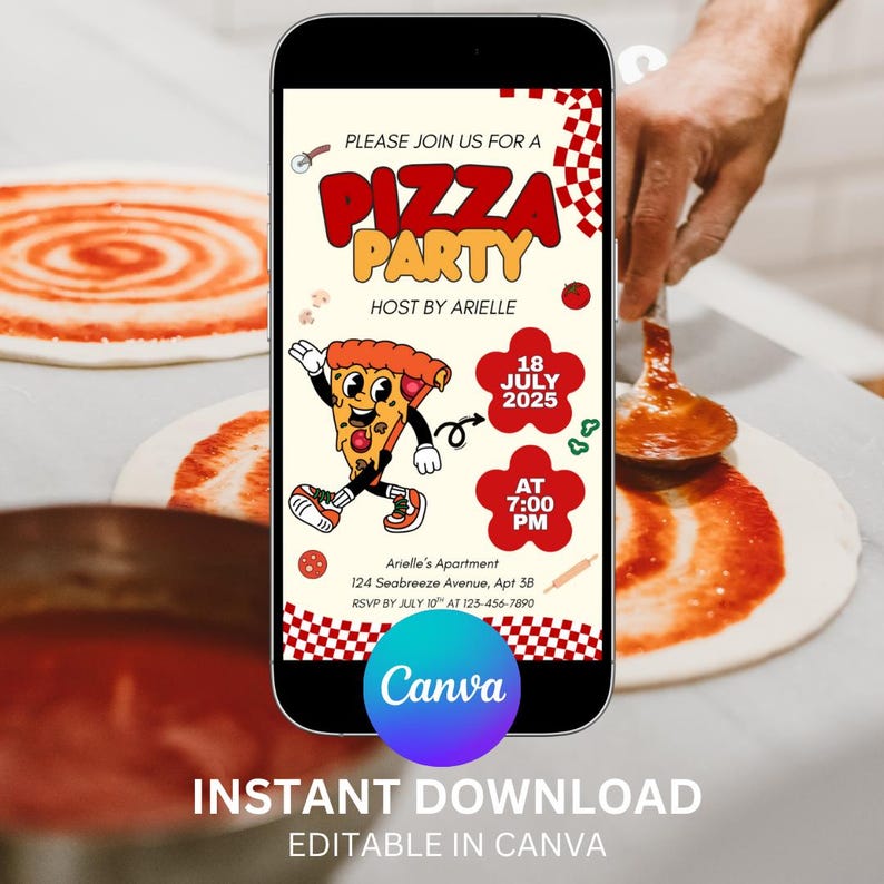 Editable Pizza Party Invitation Template | Canva Design (digital ...