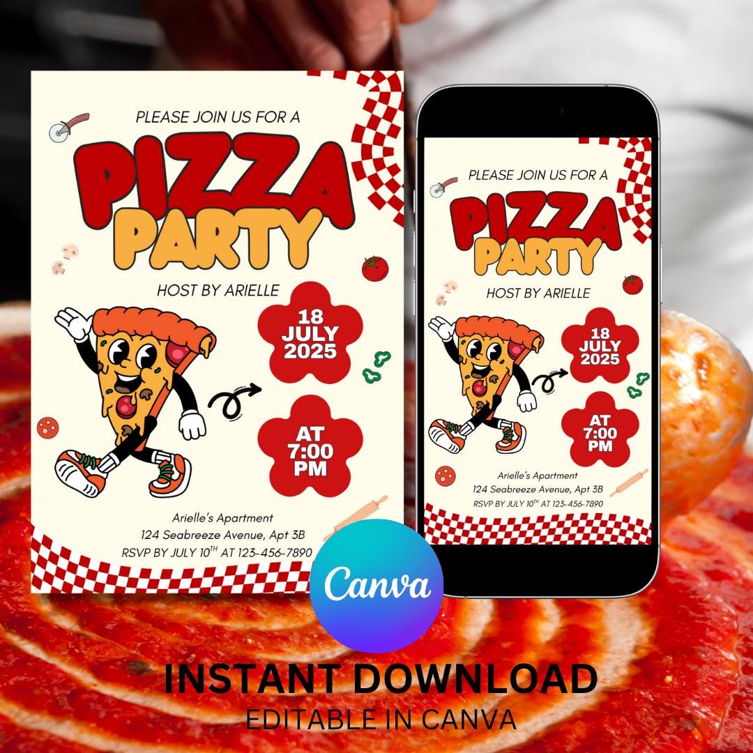Editable Pizza Party Invitation Template | Canva Design (digital ...