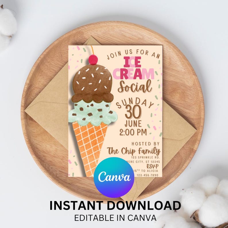 Ice Cream Social Invitation | Editable Canva Template (digital Download ...
