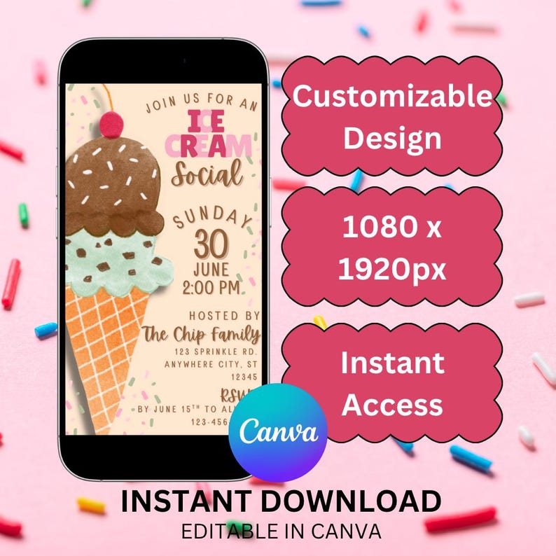 Ice Cream Social Invitation | Editable Canva Template (digital Download ...