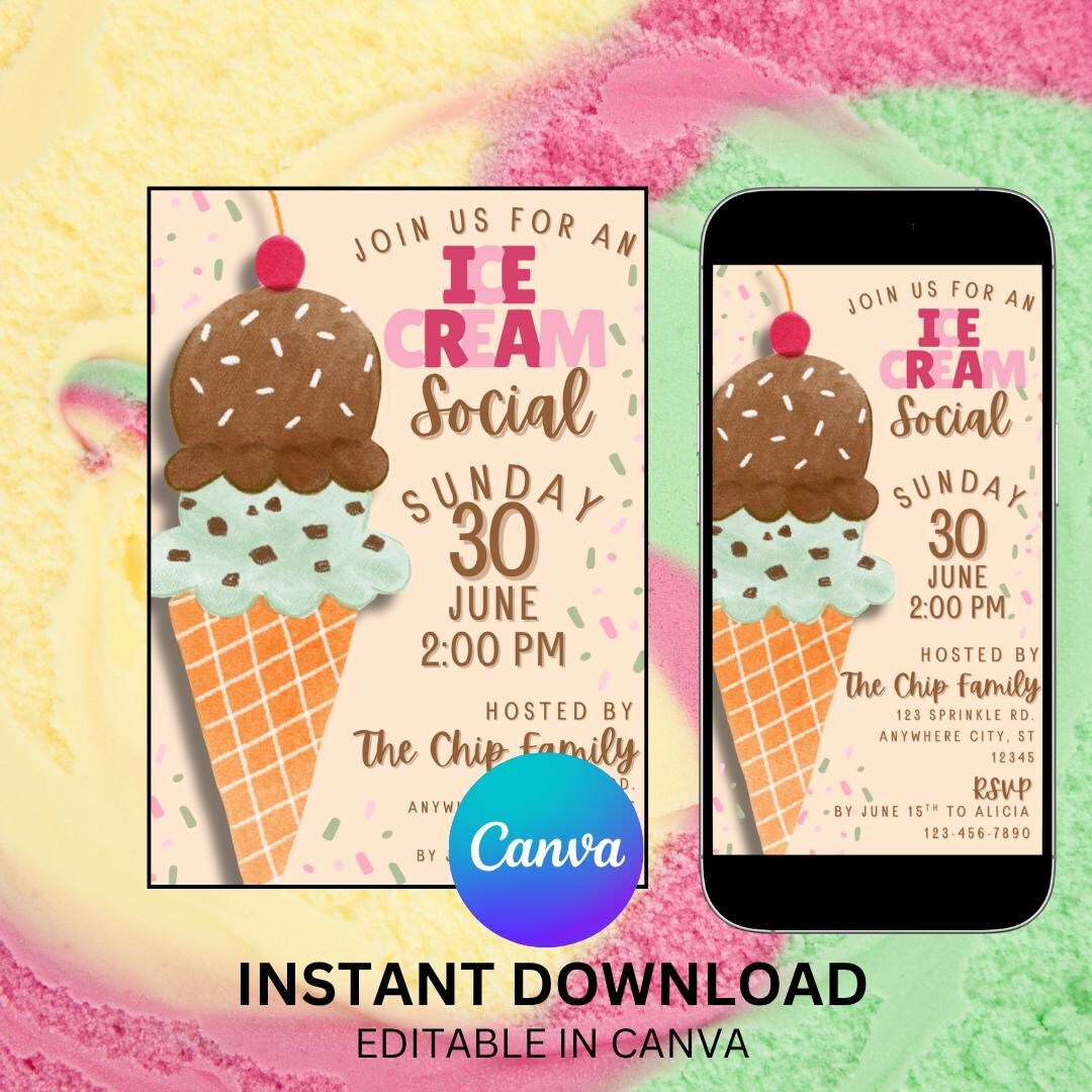 Ice Cream Social Invitation | Editable Canva Template (digital Download ...