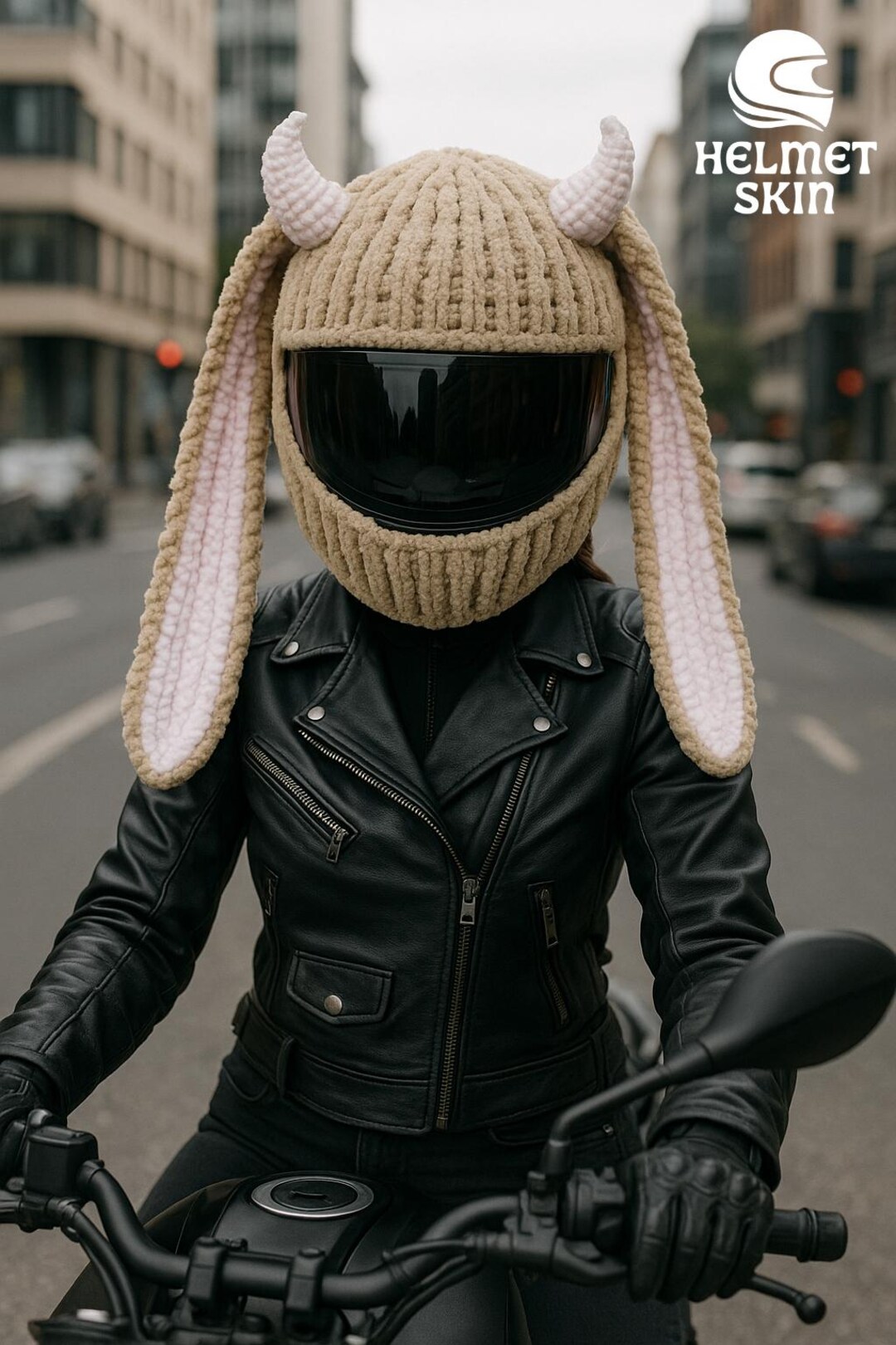 Cute Devil Bunny Ears Helmet Cover – Soft Knitted Plush for Full Face ...