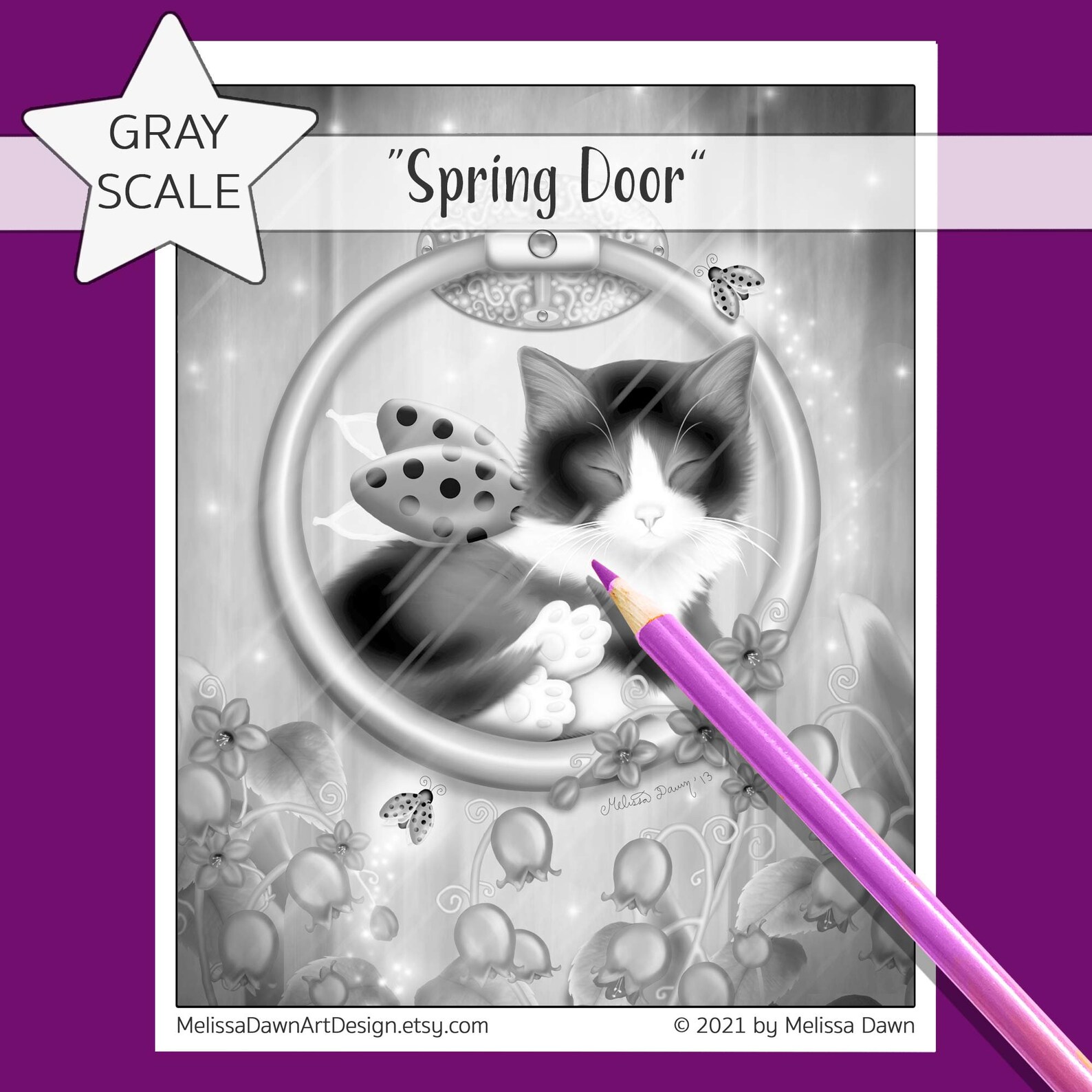 Cat Coloring Page / Spring Page / Coloring Page Download / Grayscale ...
