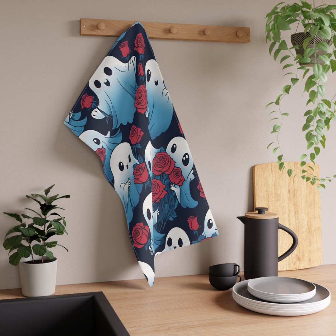 Whimsical Ghost Tea Towel, Halloween Kitchen Decor, Floral Dish Towel ...