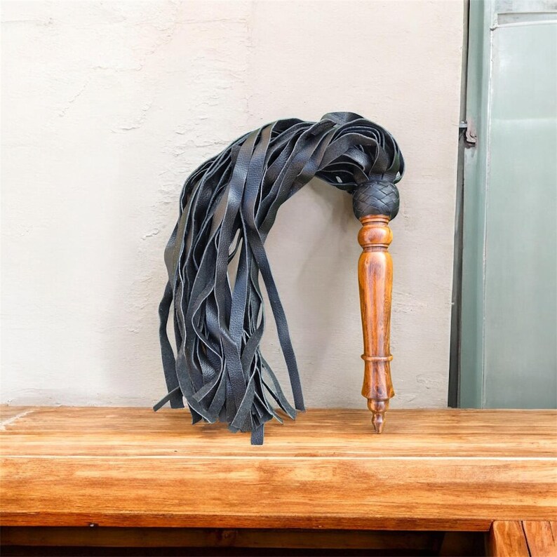 Cowhide Black Leather Tails Flogger Wooden Handle Whip - Etsy