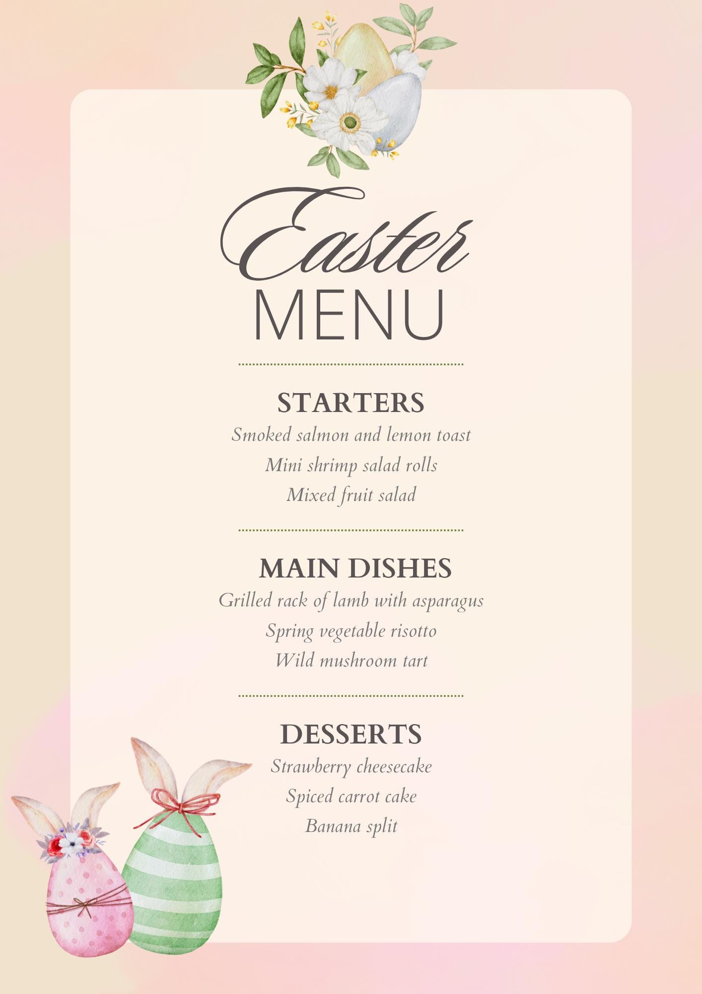 Editable Easter Lunch Menu Card, Pastel Spring Dinner Template, Digital ...