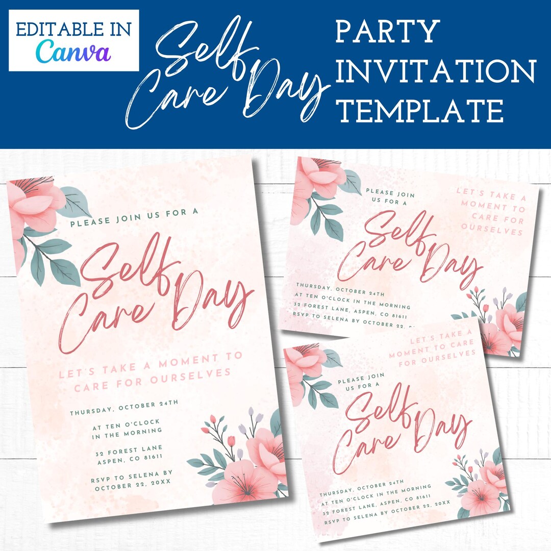 Self Care Day Invite Templates | Mental Health or Wellness Party ...