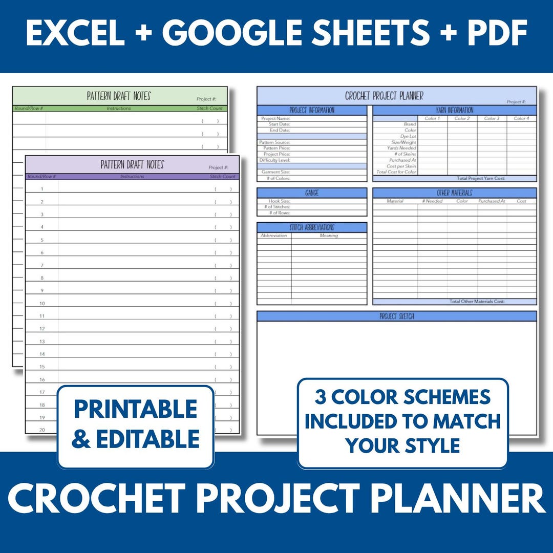 Crochet Pattern Project Planner Spreadsheet, Printable and Editable ...