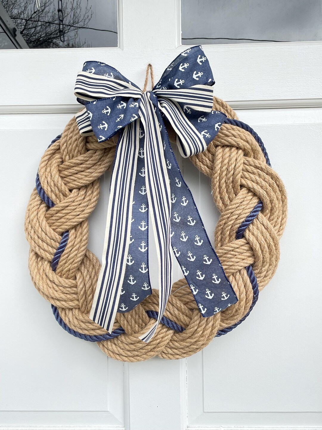 18” Nautical Braided Jute Wreath With Navy Blue 3 Strand Nylon Boat ...