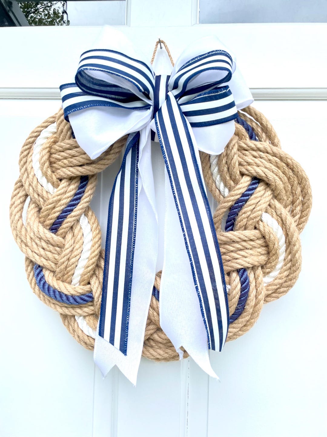 16” Nautical Braided Jute Wreath With Navy Blue and White 3 Strand ...