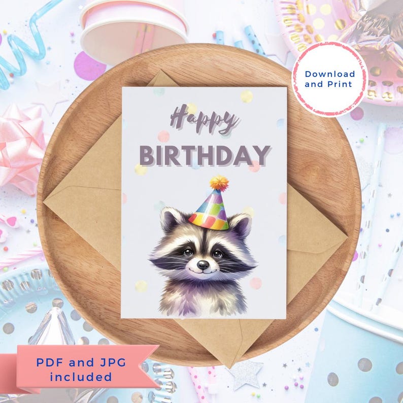 Birthday Card PRINTABLE | Happy Birthday | Whimsical Raccoon Birthday ...