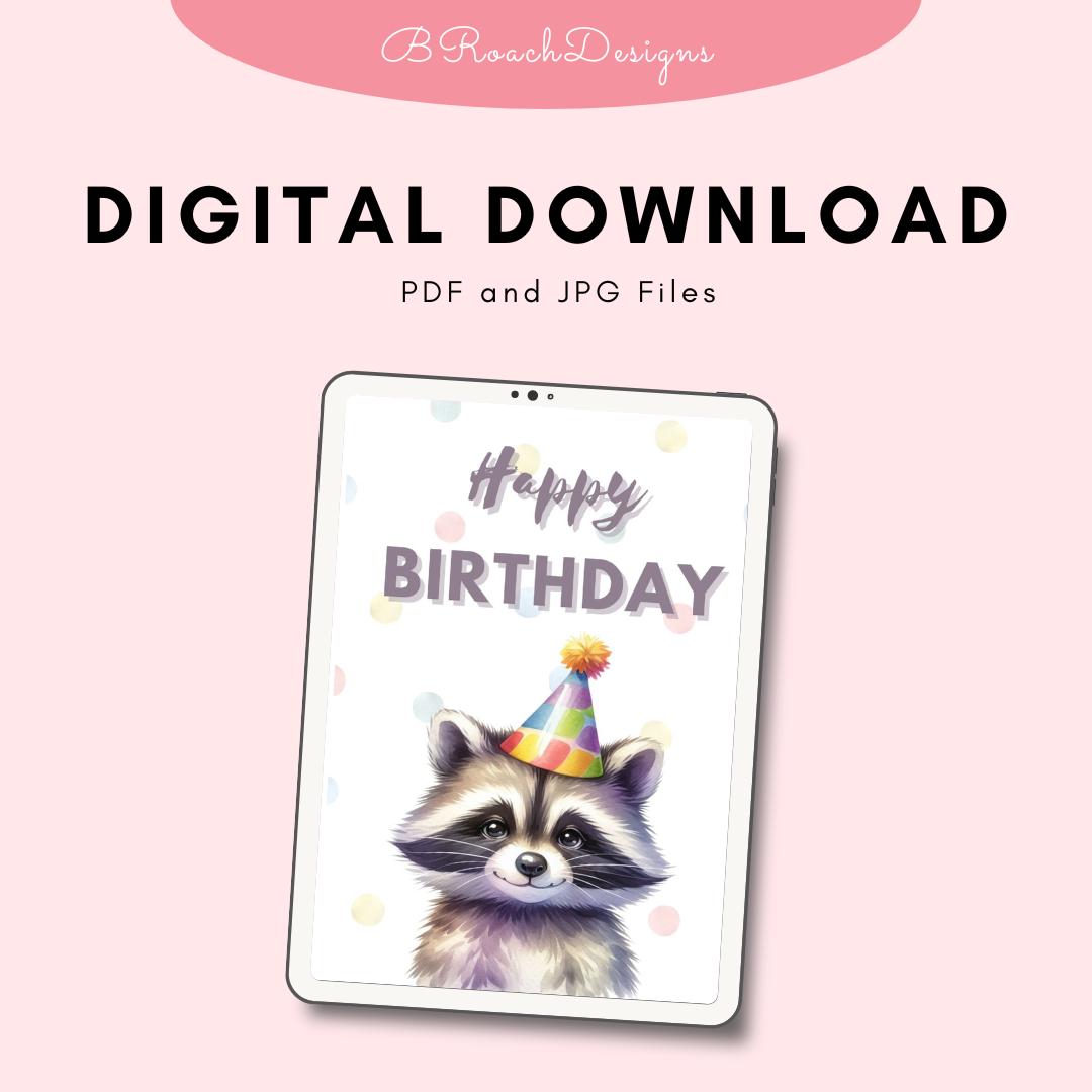 Birthday Card PRINTABLE | Happy Birthday | Whimsical Raccoon Birthday ...