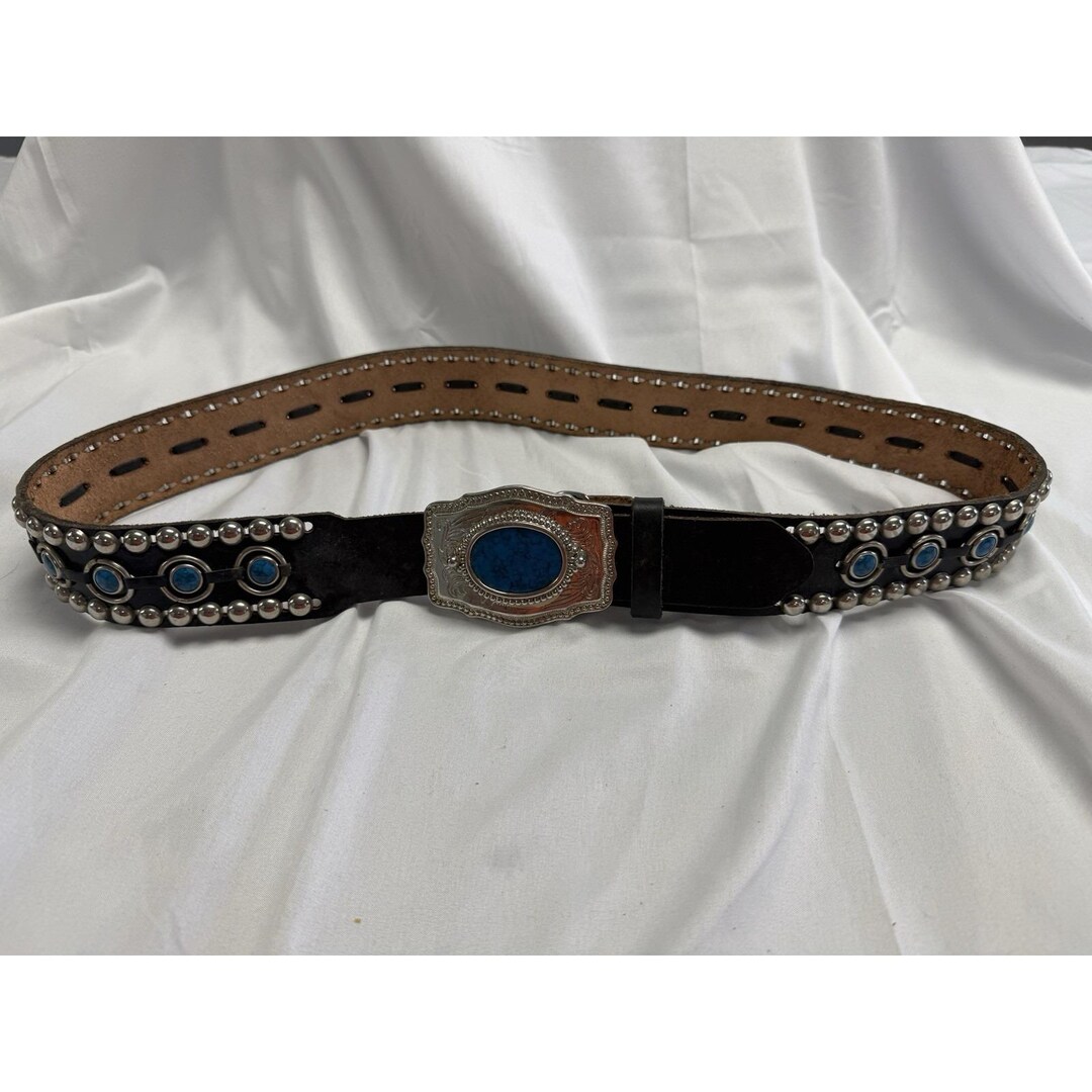 Vintage Black Leather Belt Turquoise Buckle Western Southwest Rodeo ...
