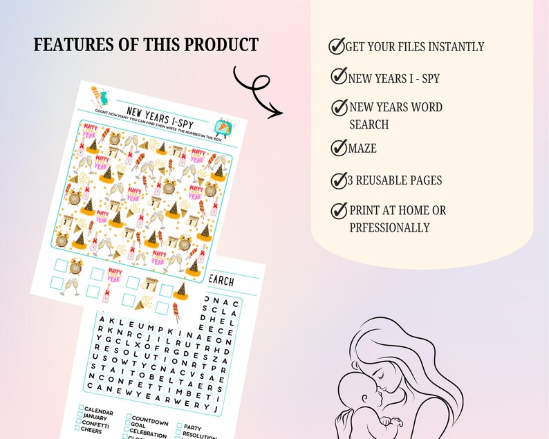 Printable New Year Games: I-spy, Word Search - Maze Puzzle Set - Etsy
