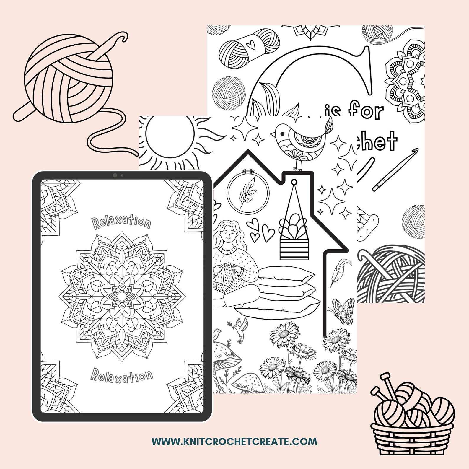 Mindful Colouring Pages PDF to Print Knitting and Crochet Themed ...